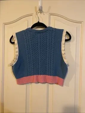 Cider | Sweaters | Cider Blue Cable Knit Cropped Vest With Pink Hem And ...